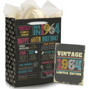 karaqy 60th birthday gift wrap bag with card and tissue paper, vintage 1964 gift bag with birthday card and tissue paper for men women 60th birthday party supplies