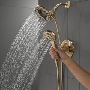 Delta Faucet Albion 14 Series Single-Handle Shower Faucet, Gold Shower Trim Kit with 4-Setting In2ition 2-in-1 Dual Hand Held Shower Head with Hose, Champagne Bronze T142855-CZ-I (Valve Not Included)