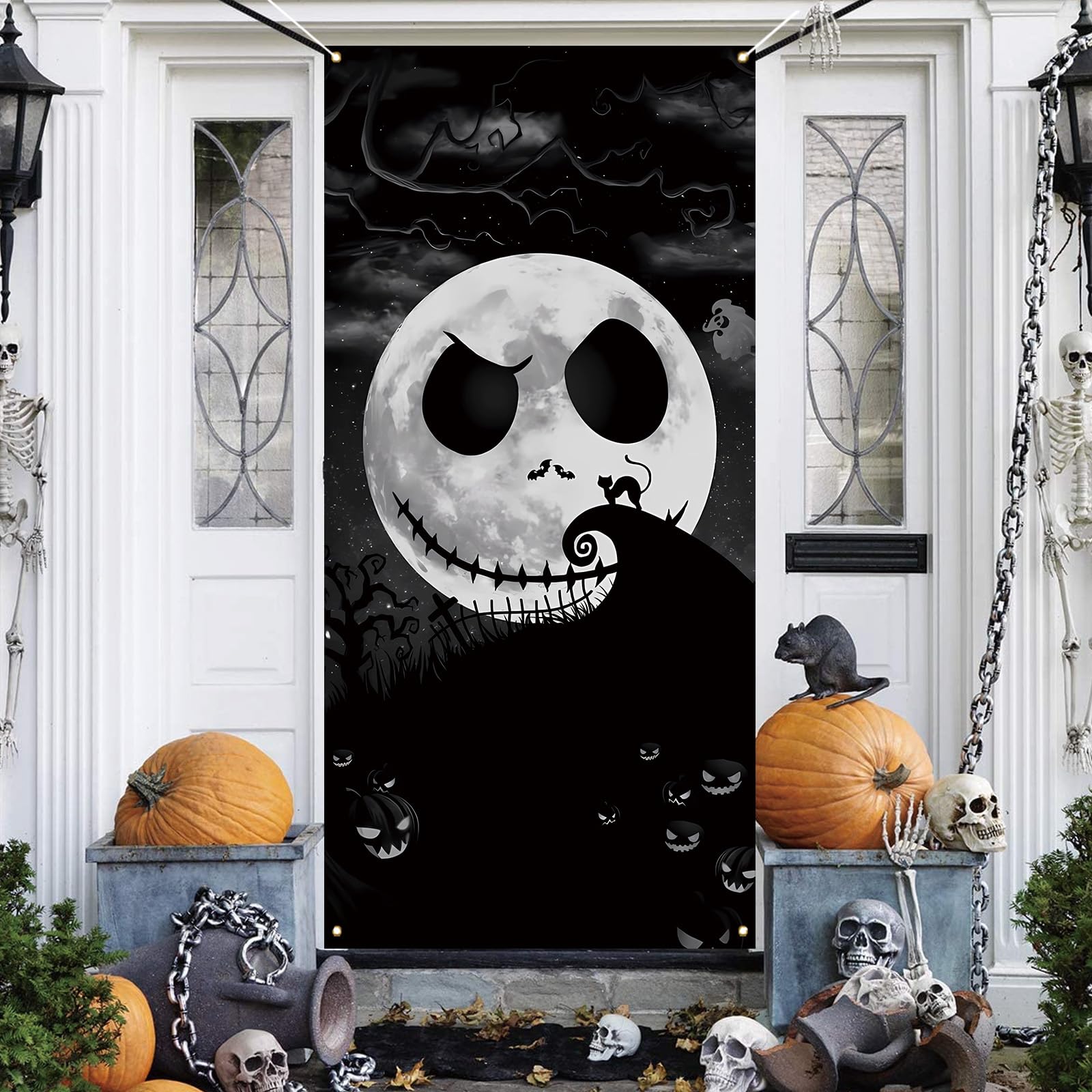 Nightmare Before Christmas Door Cover Halloween Porch Sign Banner Jack Skellington Sally Zero Oogie Boogie Halloween Decorations and Supplies for Home