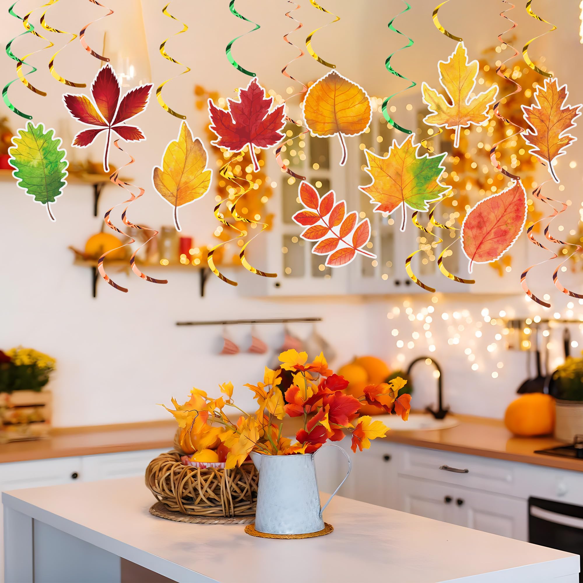 30 Pcs Fall Leaves Hanging Swirls Thanksgiving Maple Leaf Swirls Streamers Thanksgiving Ceiling Hanging Decorations for Fall Themed Harvest Home Classroom Office Party Supplies