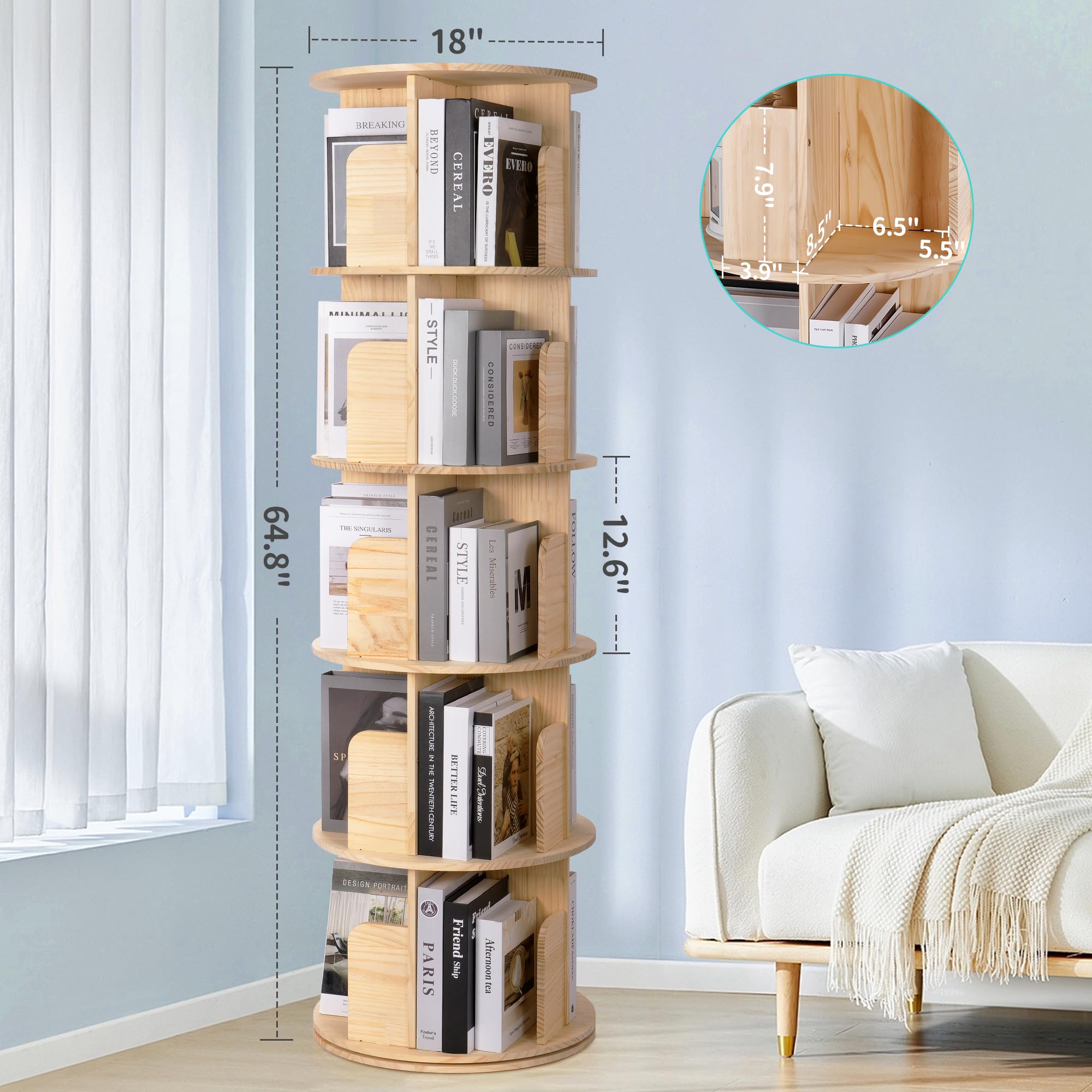 Rengue Rotating Bookshelf Tower, 5 Tiers Floor Standing Bookcase Storage Rack, 360 Display Round Spinning Bookshelf with Detachable Feet for Small Space, Bedroom, Living Room, Office