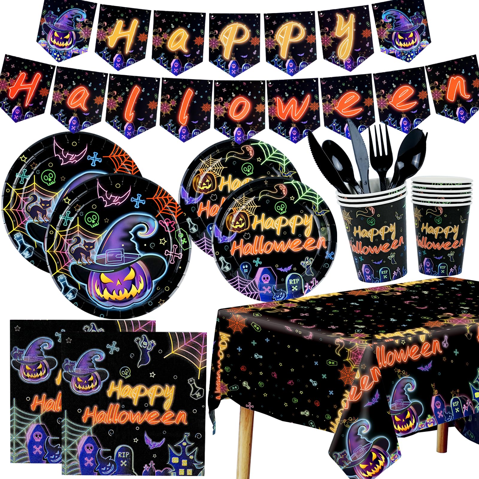 170PC Halloween Party Plates Supplies Kit Glow in The Dark Party Decorations Tableware Set with Disposable Plates,Napkins,Cups,Birthday flag and Touchdown Tablecloth for Holiday Party,Serves 24 Multi