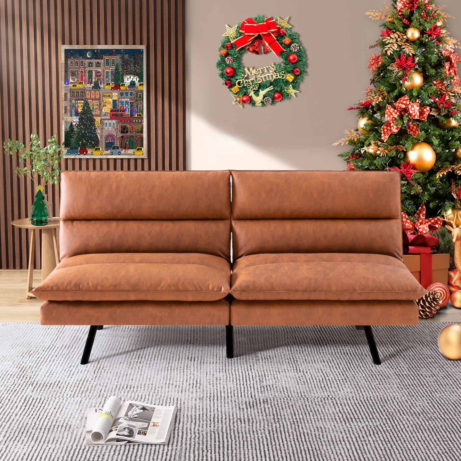 AMICLIBER Futon Sofa Bed, Memory Foam Futon Armless Sleeper Sofa Loveseat Convertible Couch Bed for Small Compact Living Spaces,Apartment,Brown Leather