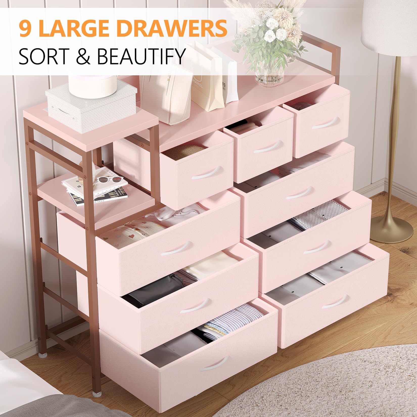 GarveeHome Dresser for Bedroom with 9 Drawer, Tv Stand with Charging Station, Fabric Chest of Drawers for Bedroom Dresser for Modern Design, Pink