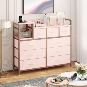 garveehome dresser for bedroom with 9 drawer, tv stand with charging station, fabric chest of drawers for bedroom dresser for modern design, pink