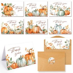 konsait pumpkin thank you cards, 24 pack watercolor pumpkin fall thank you cards with envelopes and stickers, 6 design bulk thank you cards for thanksgiving baby shower wedding