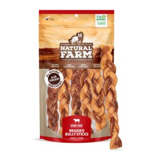 natural farm odor-free braided bully sticks (12 inch, 5 pack) - 100% grass-fed beef, grain-free, low fat & fully digestible best dental treats - safest long lasting pizzle chews to keep your dog busy