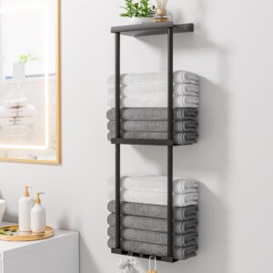 vowupt bathroom towel storage rack, 3 tier towel racks for rolled towels, wall mounted metal bathroom organizer, bath towel holder shelf with 3 hooks,towel racks for bathroom