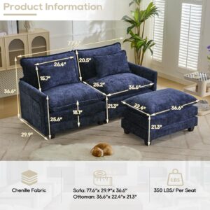 IPKIG 77.5" Sectional Sofa Comfy Cloud Couch - Chenille Fabric L Shaped Couch with Ottoman, Side Pocket and Pillows, 2 Seater Sectional Couches for Living Room Apartment Studio, Blue