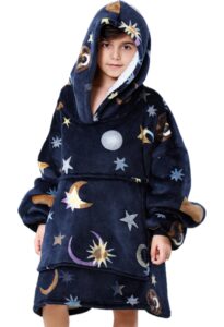 dreamique oversized wearable blanket for kids, sherpa fleece hoodie blanket, warm winter hooded sweatshirt for boys and girls, soft tv blanket, gifts for kids (4-13 years), universe