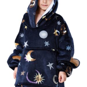 Dreamique Oversized Wearable Blanket for Kids, Sherpa Fleece Hoodie Blanket, Warm Winter Hooded Sweatshirt for Boys and Girls, Soft TV Blanket, Gifts for Kids (4-13 Years), Universe