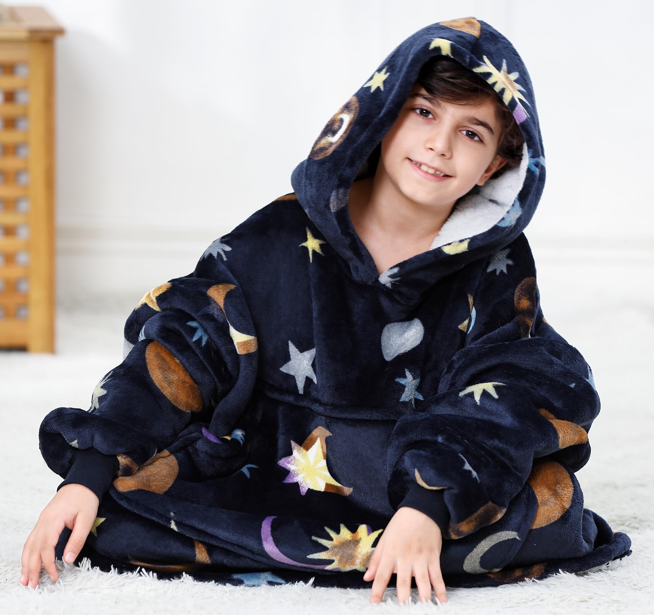 Dreamique Oversized Wearable Blanket for Kids, Sherpa Fleece Hoodie Blanket, Warm Winter Hooded Sweatshirt for Boys and Girls, Soft TV Blanket, Gifts for Kids (4-13 Years), Universe