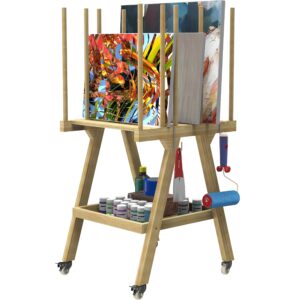 art storage rack with supply storage organizer on wheels, art drying rack, artist gallery portable display rack for posters, artwork, prints, canvas, panels (bamboo, 20.7''w x 23.2''d x 47.7''h)