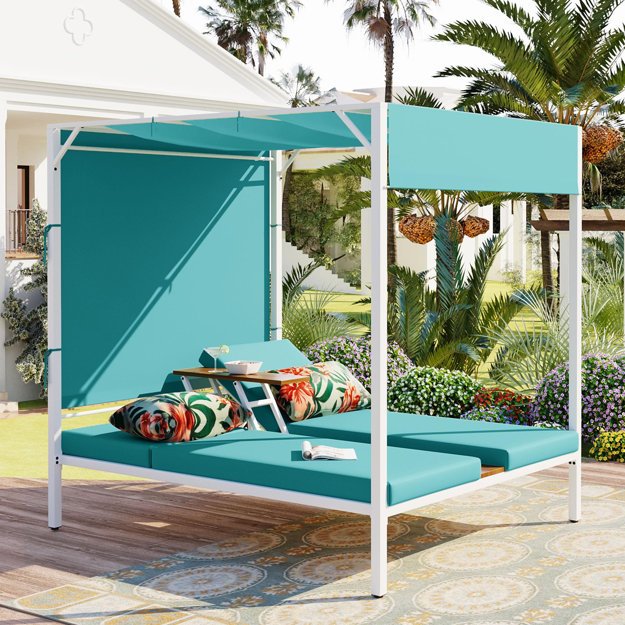 GOAWGO Outdoor Patio Daybed with Canopy-Double Chaise Lounge, 2-Person Sunbed with Comfy Cushions & Throw Pillows, Adjustable Small Tabletop, Sunshade Curtains, 3-Position Adjustable Backrest (Blue)