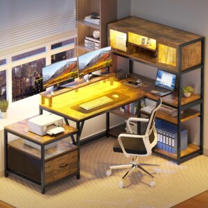 yitahome l shaped desk with power outlets, 78.7" reversible computer desk with drawers & bookshelf, corner office desk with led lights and storage shelves for home office, rustic brown