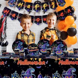 170PC Halloween Party Plates Supplies Kit Glow in The Dark Party Decorations Tableware Set with Disposable Plates,Napkins,Cups,Birthday flag and Touchdown Tablecloth for Holiday Party,Serves 24 Multi