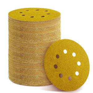 yehbs 150pcs gold sanding discs set, 5-inch 8-hole sandpaper for random orbital sander, including 60,80,120,150,240,320,400 grit, for automotive or woodworking