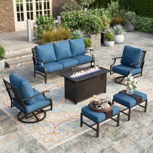 hera's house 6 pieces patio furniture set with fire pit table, 2 x swivel chair, 2 x ottoman, 3-seat sofa with 45" fire pit table, outdoor conversation set for garden poolside backyard, pacific blue