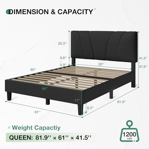 Novilla Queen Bed Frame with Headboard, Bed Frame Queen Size with Wood Slats Support,Linen Upholstered Adjustable Headboard, No Box Spring Needed, Heavy Duty Feet, Easy Assembly, Dark Grey