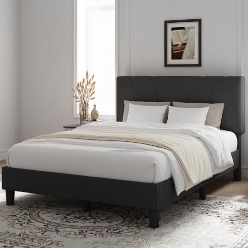 Novilla Queen Bed Frame with Headboard, Bed Frame Queen Size with Wood Slats Support,Linen Upholstered Adjustable Headboard, No Box Spring Needed, Heavy Duty Feet, Easy Assembly, Dark Grey