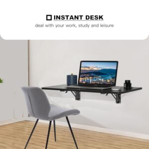 Zytty Wall Mounted Folding Table, Wood Computer Home Office Suitable for Balcony, Bedroom, Bathroom, and Kitchen, Floating Desk for Small Space, Medium, Black