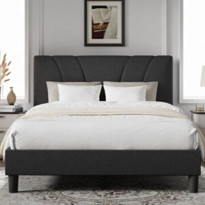 novilla queen bed frame with headboard, bed frame queen size with wood slats support,linen upholstered adjustable headboard, no box spring needed, heavy duty feet, easy assembly, dark grey