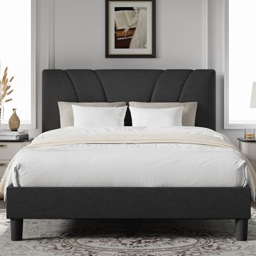 Novilla Queen Bed Frame with Headboard, Bed Frame Queen Size with Wood Slats Support,Linen Upholstered Adjustable Headboard, No Box Spring Needed, Heavy Duty Feet, Easy Assembly, Dark Grey