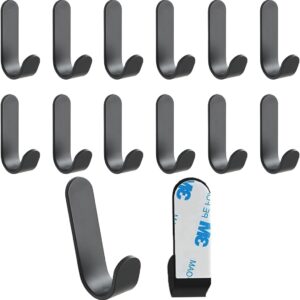 Adhesive Hooks,12 Pcs, Heavy Duty Adhesive Hooks Hold 12Lbs, Stainless Steel Black Wall Hooks, Adhesive Hooks for Hanging, Metal Sticky J Strip Hooks, Hooks for Hat, Coat, Picture, Backpack, Garage