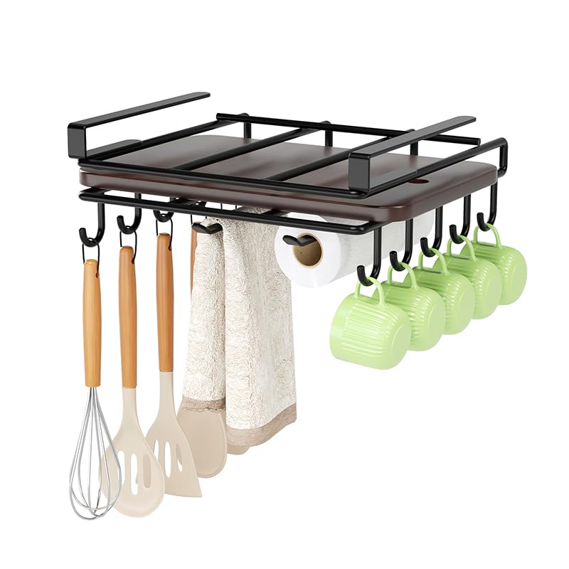 Mug Hooks Under Cabinet,Paper Towel Holder Under Cabinet,Chopping Board Organizer,No-Hole Multifunctional Stainless Steel Under Cabinet Shelf,For Kitchen Utensils,Cups,Towel,Cutting Board (Black)