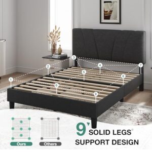 Novilla Queen Bed Frame with Headboard, Bed Frame Queen Size with Wood Slats Support,Linen Upholstered Adjustable Headboard, No Box Spring Needed, Heavy Duty Feet, Easy Assembly, Dark Grey