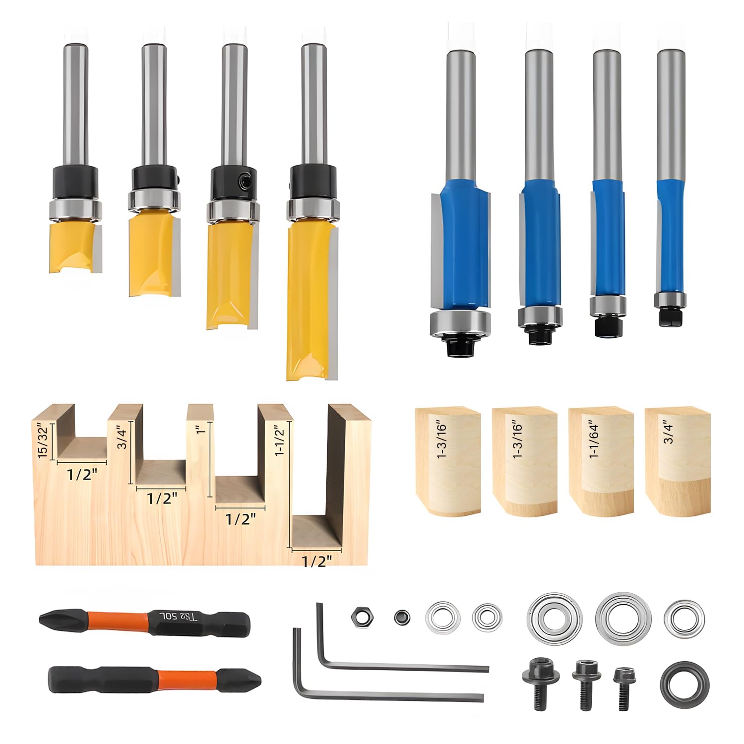 Router Bits Set 1/4 Shank, 4 Flush Trim Router Bits, 4 Pattern Flush Trim Router Bits, Router Bit with a Bearing Prevent Tearing, Wood Milling Cutter for Trimming 8PCS