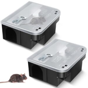 qualirey 2 pcs rat bait station 8.86 x 7.28 x 3.62 inches rat bait traps with clear lid, black bait blocks boxes with 2 keys for rat, keeps children and pets safe indoor & outdoor, bait not included