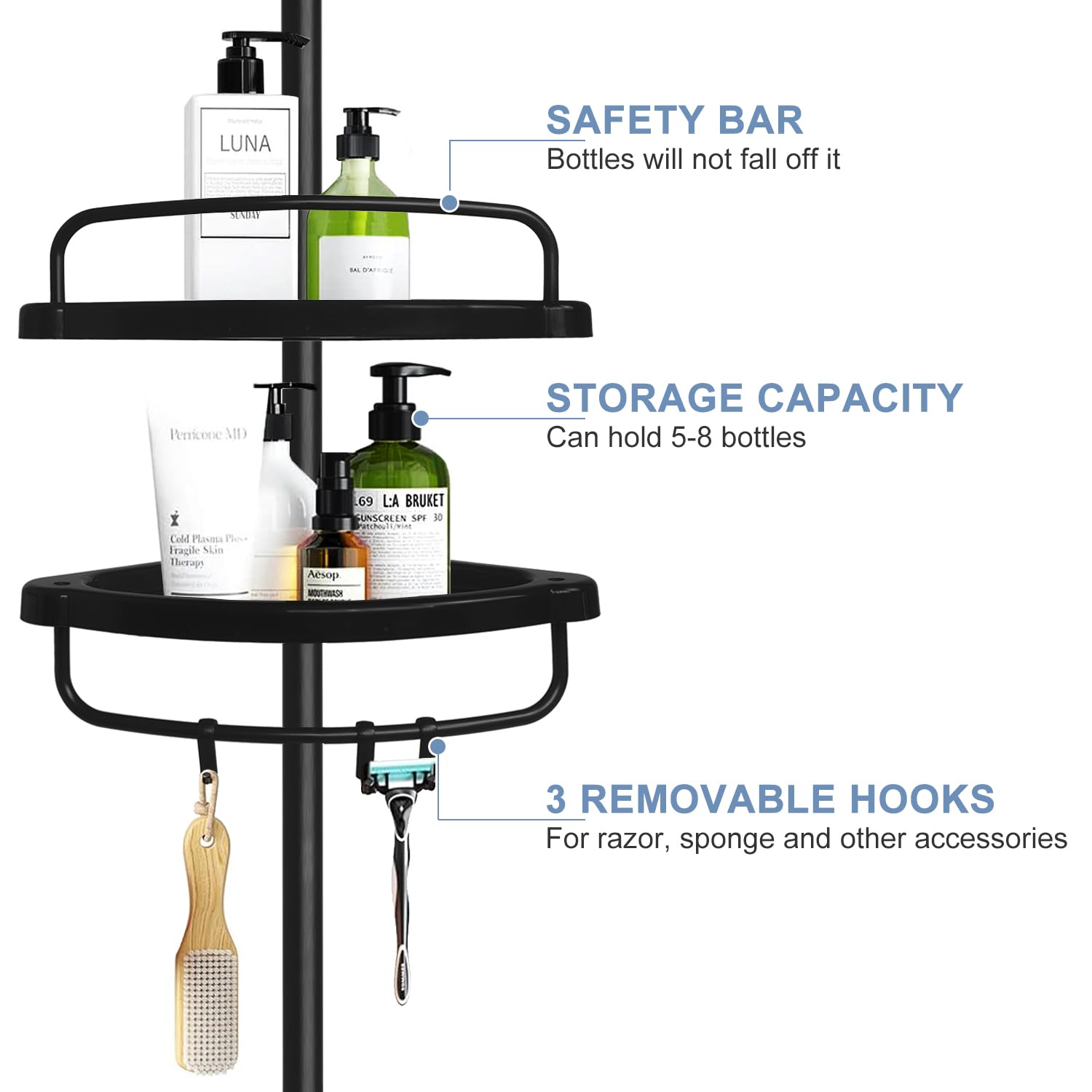 HAA Strong Shower Storage Caddy,SturdyTension Corner Pole Caddy,Commercial Grade Rustproof Bathroom Bathtub Adjustable Corner Rack (Black)