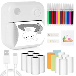 mini portable printer, bluetooth sticker printer machine, portable inkless printers compatible with android and ios, printable photos, lists, memo, qr codes, notes(14 roll paper+12 colored pens)