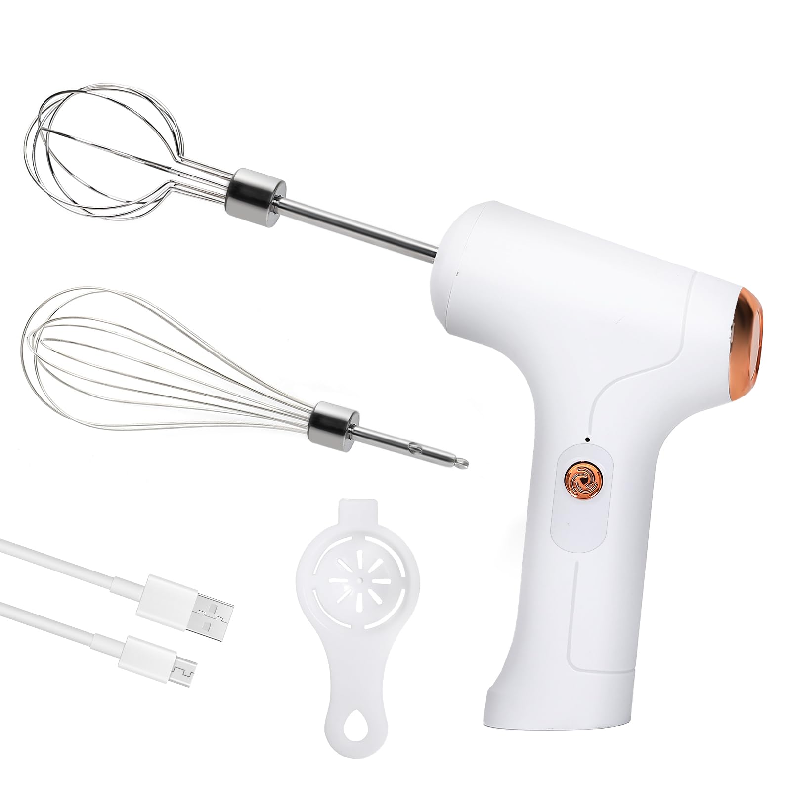 CHIDOYII Cordless Hand Mixer, Handheld Electric Whisk with 3 Speed Modes, Hand Held Egg Beater with 2 Detachable Stir Whisks (White)