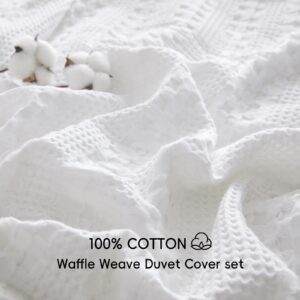 PHF 100% Cotton Waffle Duvet Cover Queen Size, Soft Breathable Cotton Bedding Duvet Cover Set for All Season, Waffle Weave Textured for Aesthetic Luxury Home Decor, 2 Pillow Shams, 90"x90", White