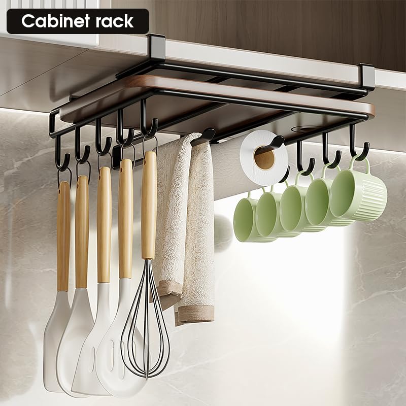 Mug Hooks Under Cabinet,Paper Towel Holder Under Cabinet,Chopping Board Organizer,No-Hole Multifunctional Stainless Steel Under Cabinet Shelf,For Kitchen Utensils,Cups,Towel,Cutting Board (Black)