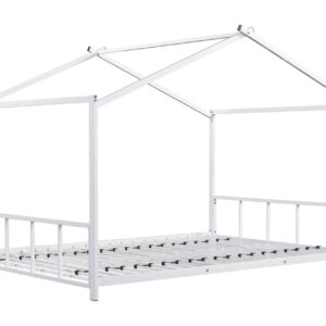 ATY Metal Full Size Floor Bed, House Shaped Bedframe w/Roof Design for Kids, Toddlers, Easy Assembly & No Box Spring Needed, White