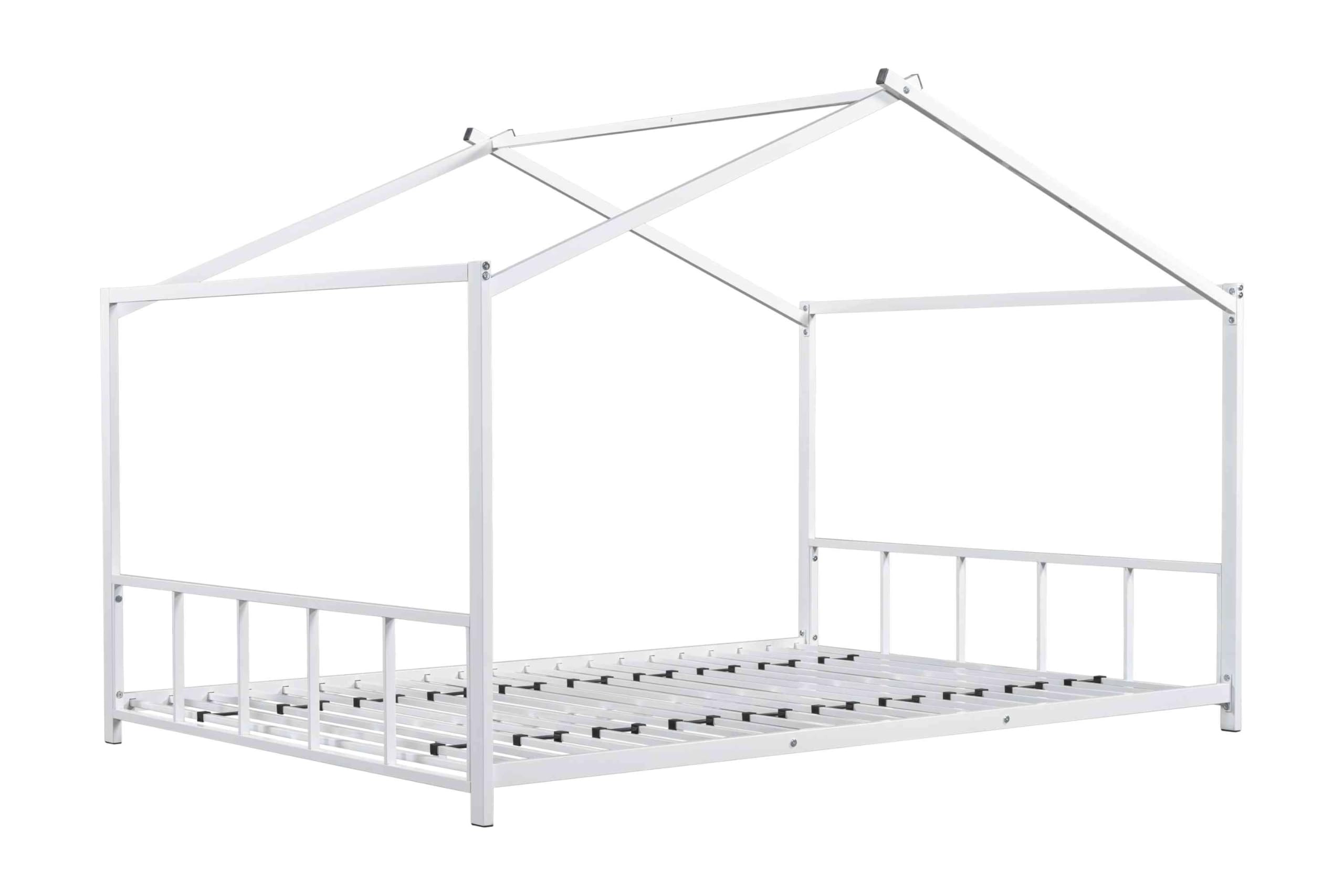 ATY Metal Full Size Floor Bed, House Shaped Bedframe w/Roof Design for Kids, Toddlers, Easy Assembly & No Box Spring Needed, White