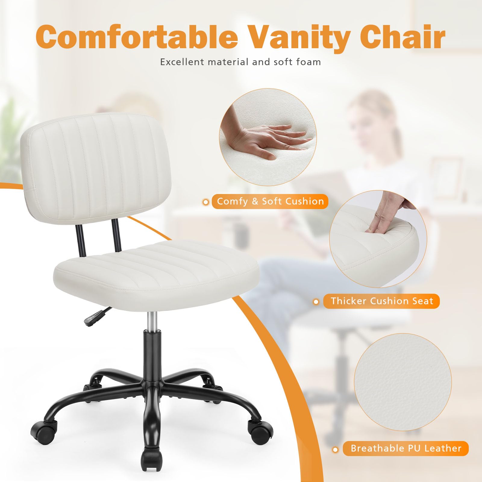 Warmiehomy Armless Office Chair with Wheels Small Swivel Rolling Desk Chair PU Leather Hieght Adjustable Computer Task Chair Modern Vanity Chair with Low Back Lumbar Support,White