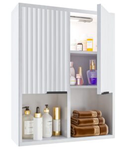 haioou fluted bathroom wall cabinet with motion sensor light, curved profile wooden medicine cabinet wall mounted cupboard, wave like over toilet storage cabinet with buffering hinges - modern white