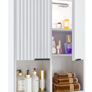 HAIOOU Fluted Bathroom Wall Cabinet with Motion Sensor Light, Curved Profile Wooden Medicine Cabinet Wall Mounted Cupboard, Wave Like Over Toilet Storage Cabinet with Buffering Hinges - Modern White