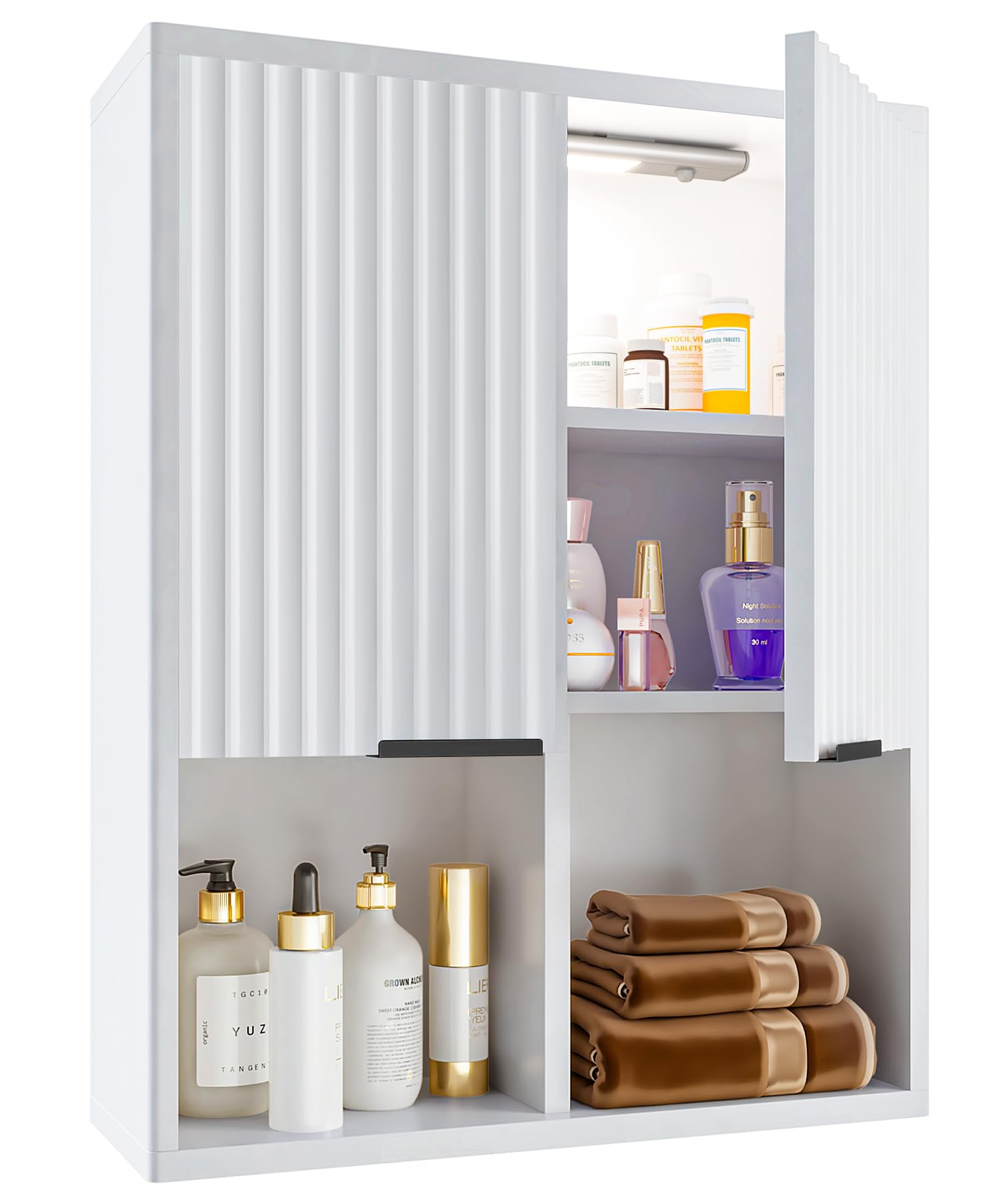 HAIOOU Fluted Bathroom Wall Cabinet with Motion Sensor Light, Curved Profile Wooden Medicine Cabinet Wall Mounted Cupboard, Wave Like Over Toilet Storage Cabinet with Buffering Hinges - Modern White