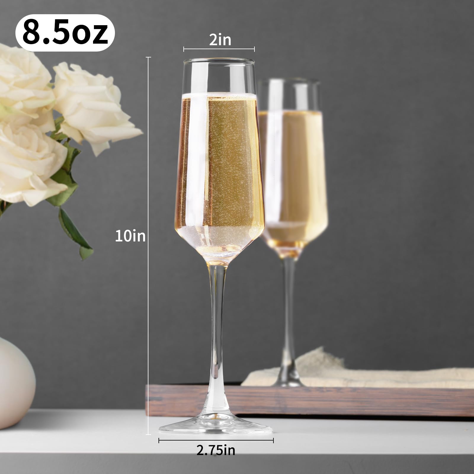 PARACITY Champagne Flutes, Champagne Glasses Set of 6, Elegant 8.5oz Glass Champagne Flutes, Gift for Birthday, Wedding, Christmas, Clear Sparkling Champagne Glasses for Women, Men