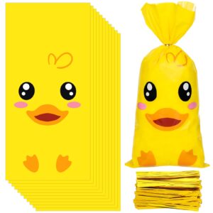 jarthenaamcs 100pcs yellow duck cellophane treat bags with twist ties cute cartoon duck plastic candy goodie bags for summer birthday baby shower party favors