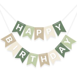 jarthenaamcs sage green happy birthday banner birthday theme ivory brown hanging banner handmade party bunting garland for birthday party tea party baby shower home nursery backdrop decor