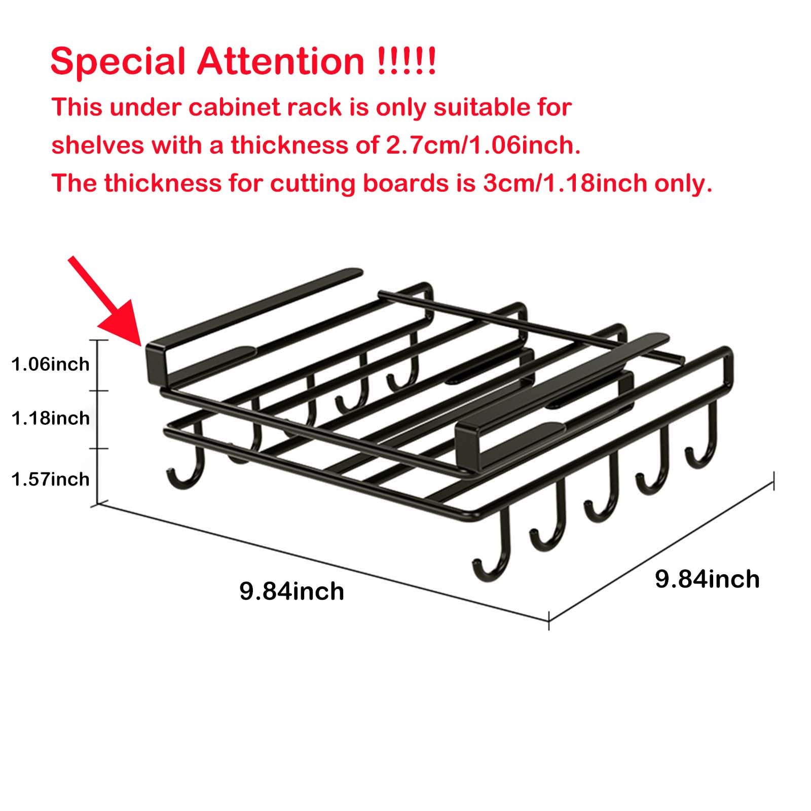 Mug Hooks Under Cabinet,Paper Towel Holder Under Cabinet,Chopping Board Organizer,No-Hole Multifunctional Stainless Steel Under Cabinet Shelf,For Kitchen Utensils,Cups,Towel,Cutting Board (Black)