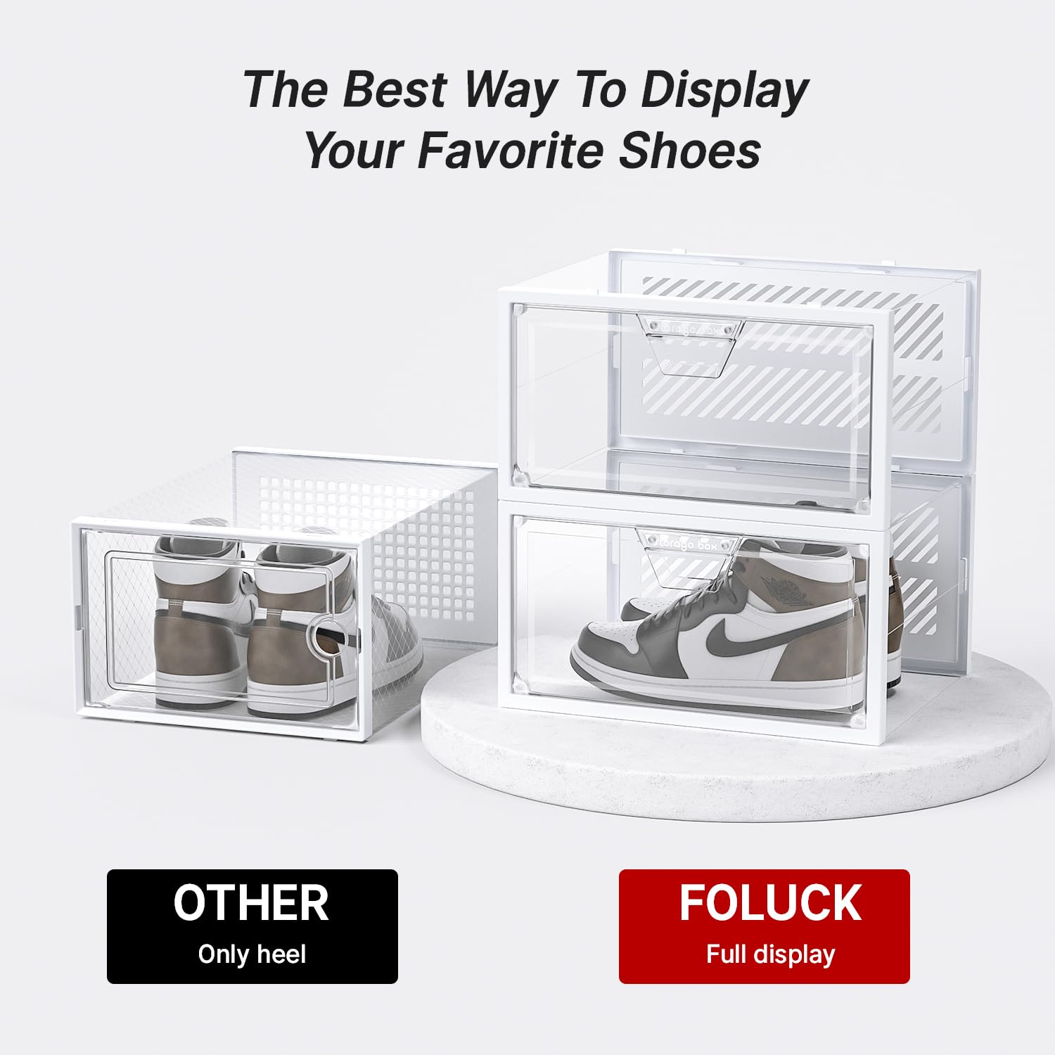 Foluck XX-Large Display Shoe Storage Box, 8 Pack Clear Plastic Stackable Shoe Organizer Containers for Closet, Space Saving Shoe Storage Organizer, Foldable Shoe Rack with Lids, White