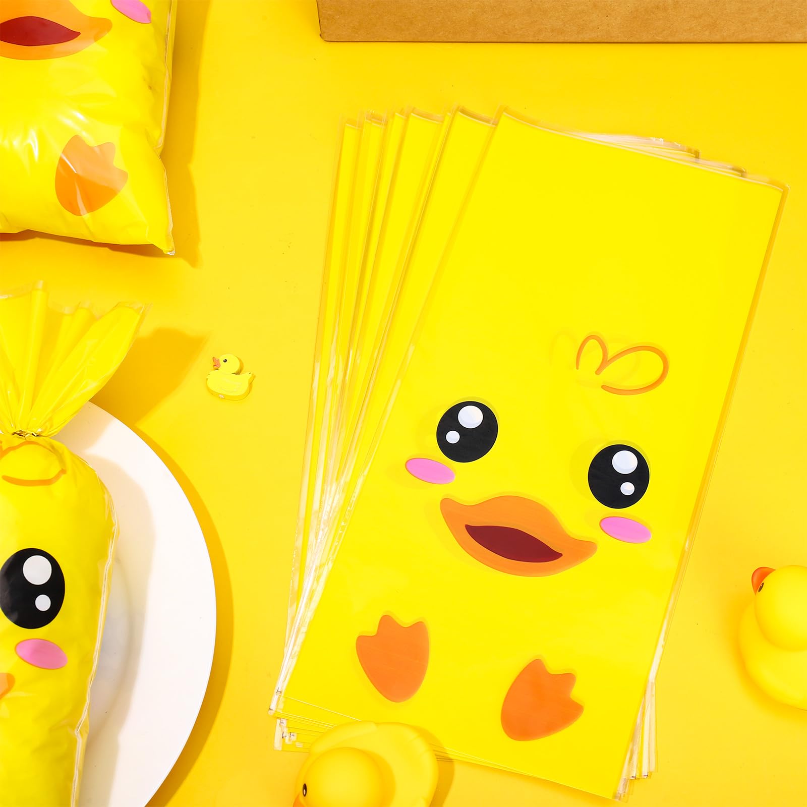 JarThenaAMCS 100Pcs Yellow Duck Cellophane Treat Bags with Twist Ties Cute Cartoon Duck Plastic Candy Goodie Bags for Summer Birthday Baby Shower Party Favors