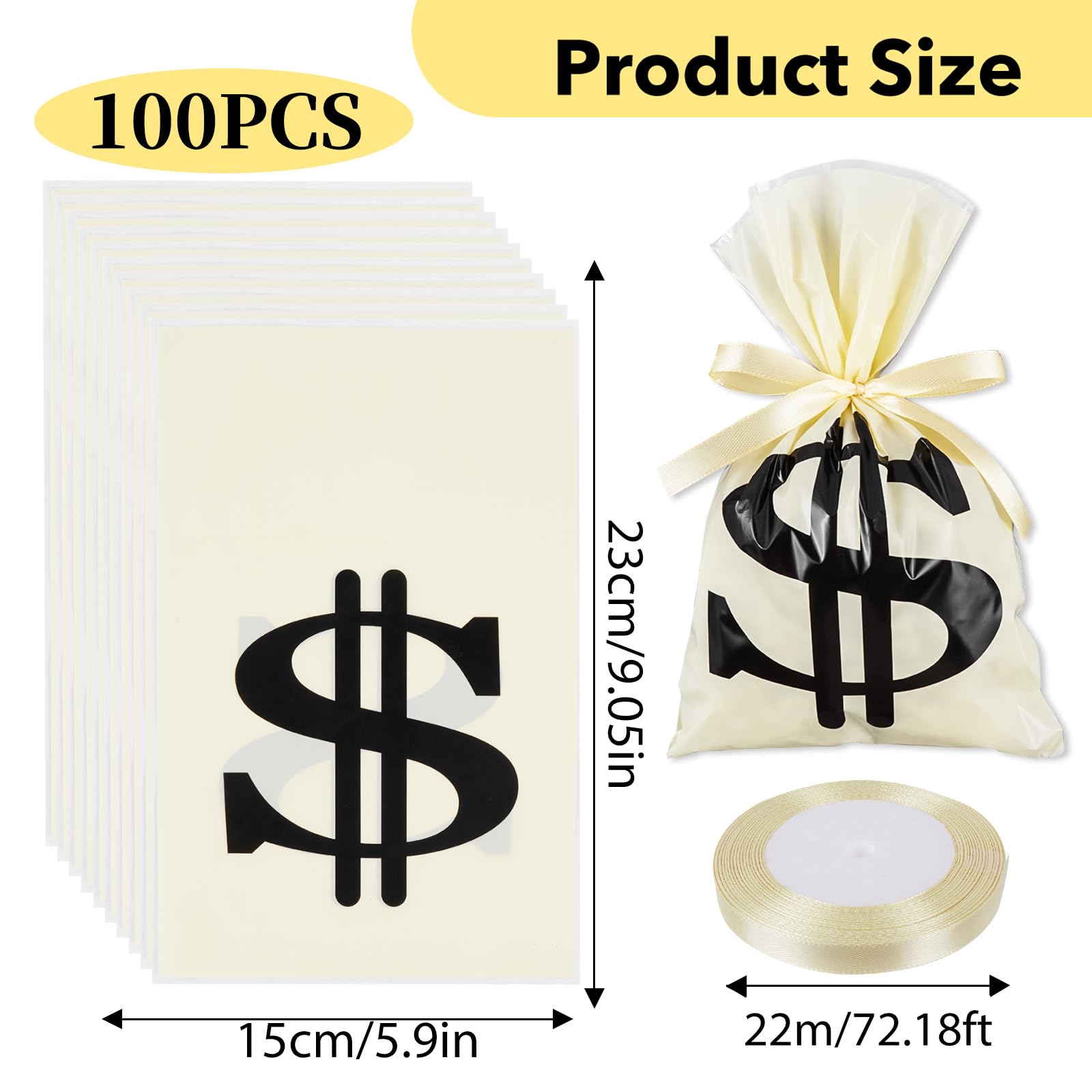 Domthent 100PCS Dollar Sign Party Favor Bags,6 x 9 Inch Money Bags,Small Money Bag for Party Favor Decor,Gift Bag with 25 Yards Light Gold Ribbon,Money Bag for Casino Theme Party Decorations (100)